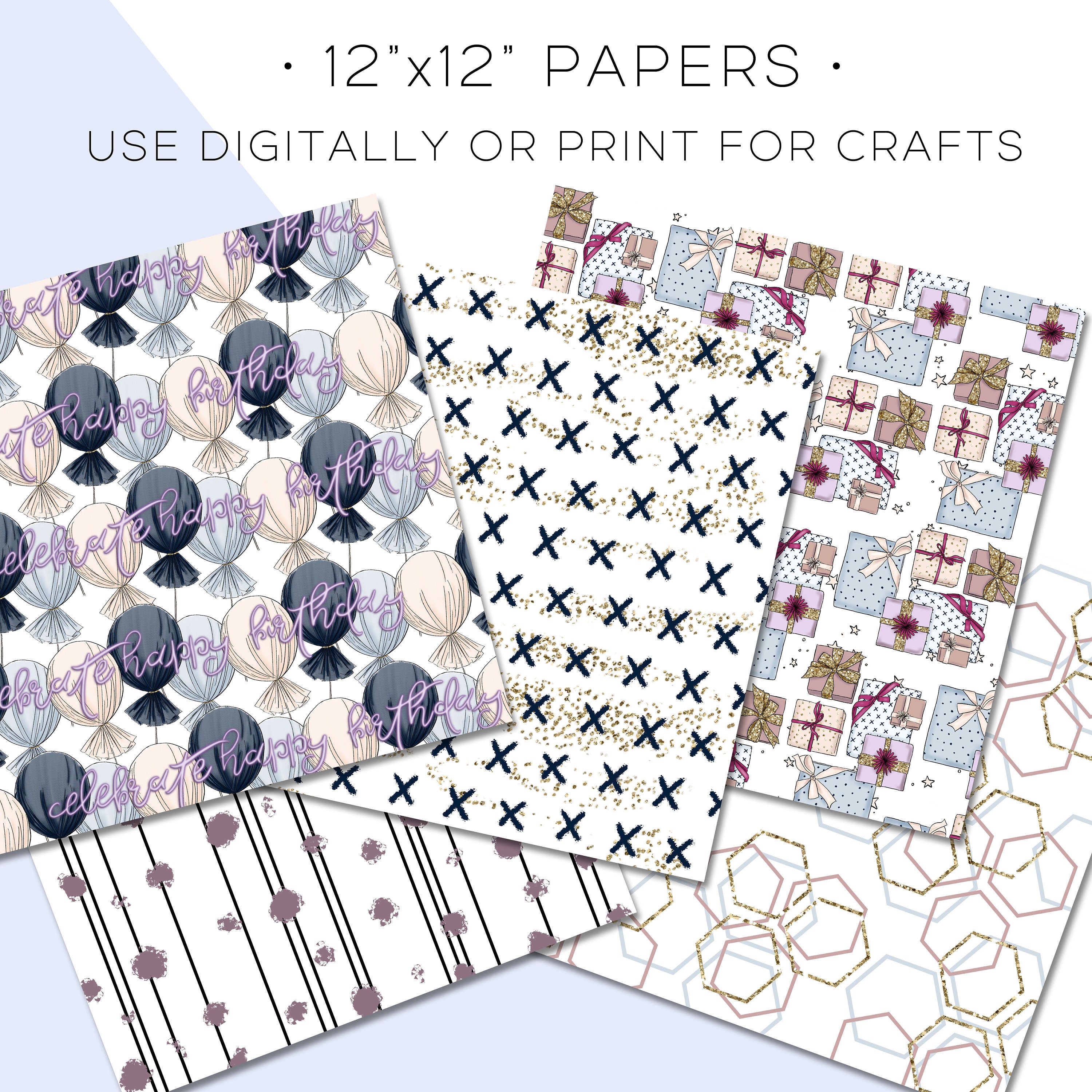 Birthday Party Balloon Print Digital Scrapbook Paper Watercolor Gold ...