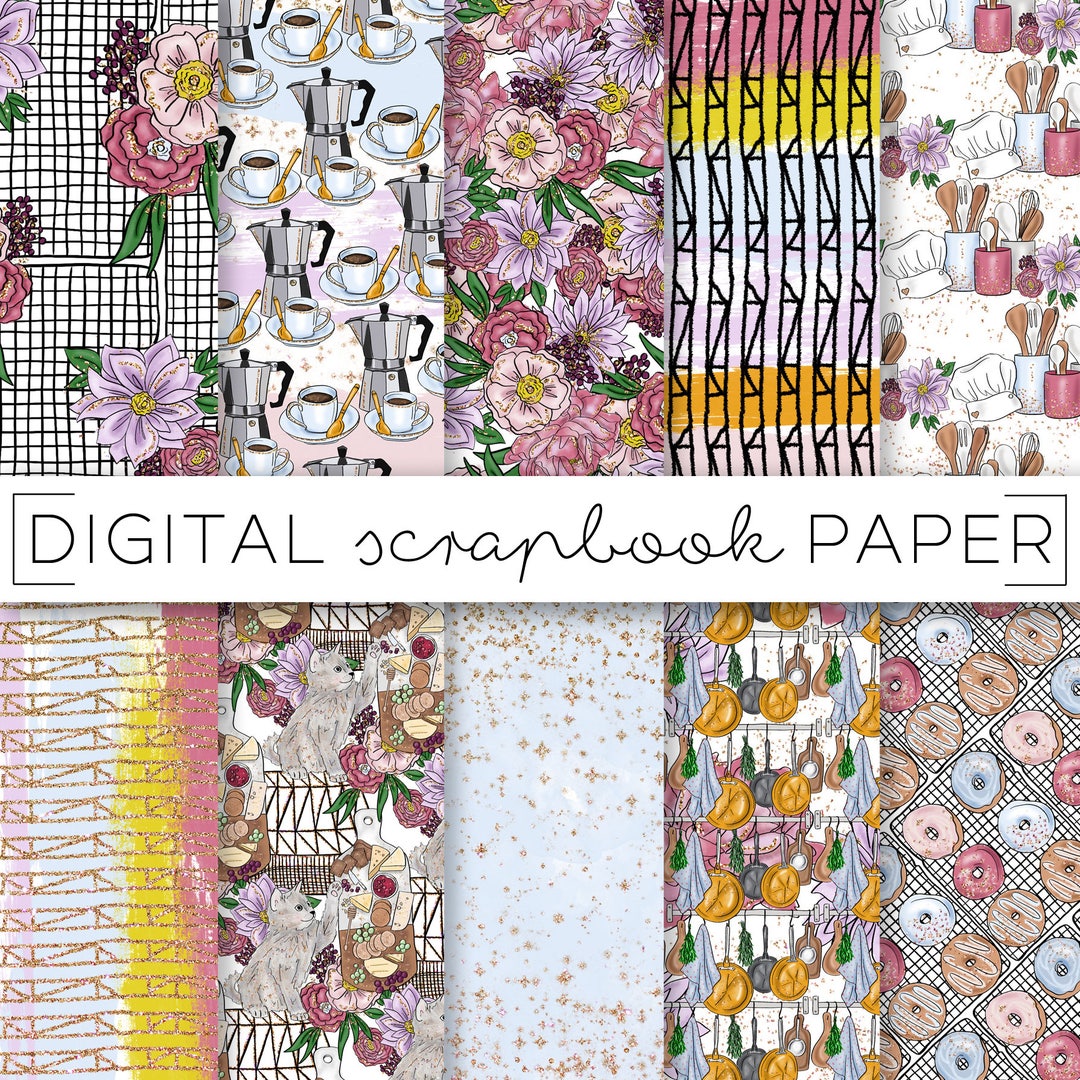 Floral Kitchen Scrapbook Paper: Watercolor Food & Gold (digital ...