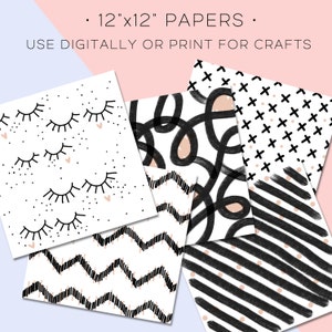 Black & White Graphic Doodle Digital Scrapbook Paper Printable Pattern ...