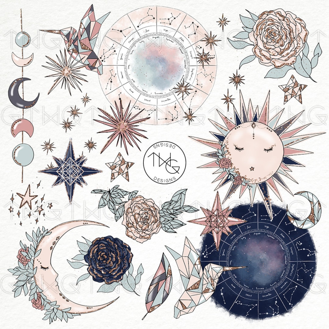 Zodiac Moon & Stars Clip Art: Gold Glitter Celestial PNG (digital ...