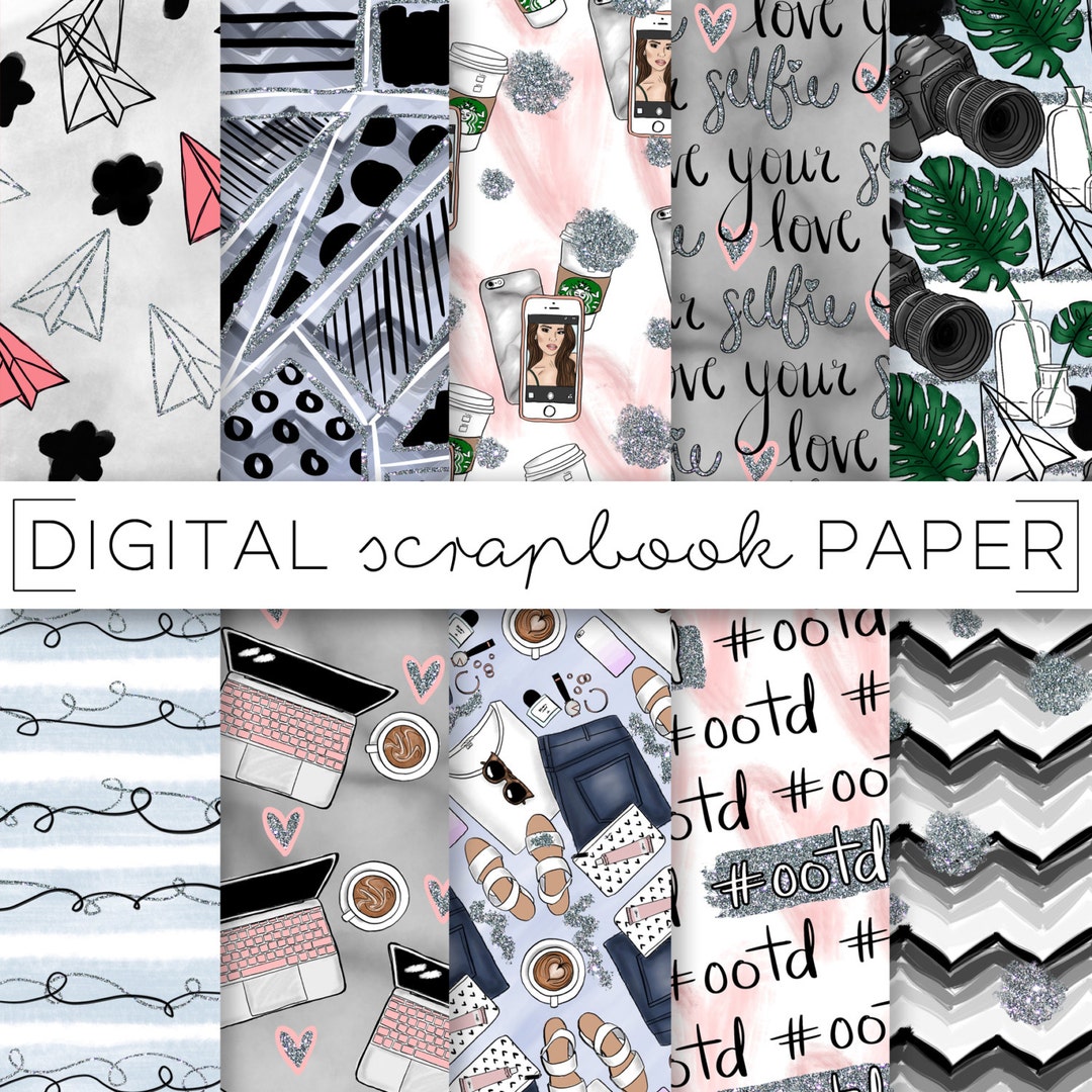Blue Pink Marble Fashion Girl Digital Scrapbook Paper Watercolor Silver ...