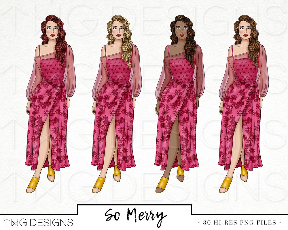 Pink Boho Christmas Fashion Girl Clip Art Holiday Decor | Etsy