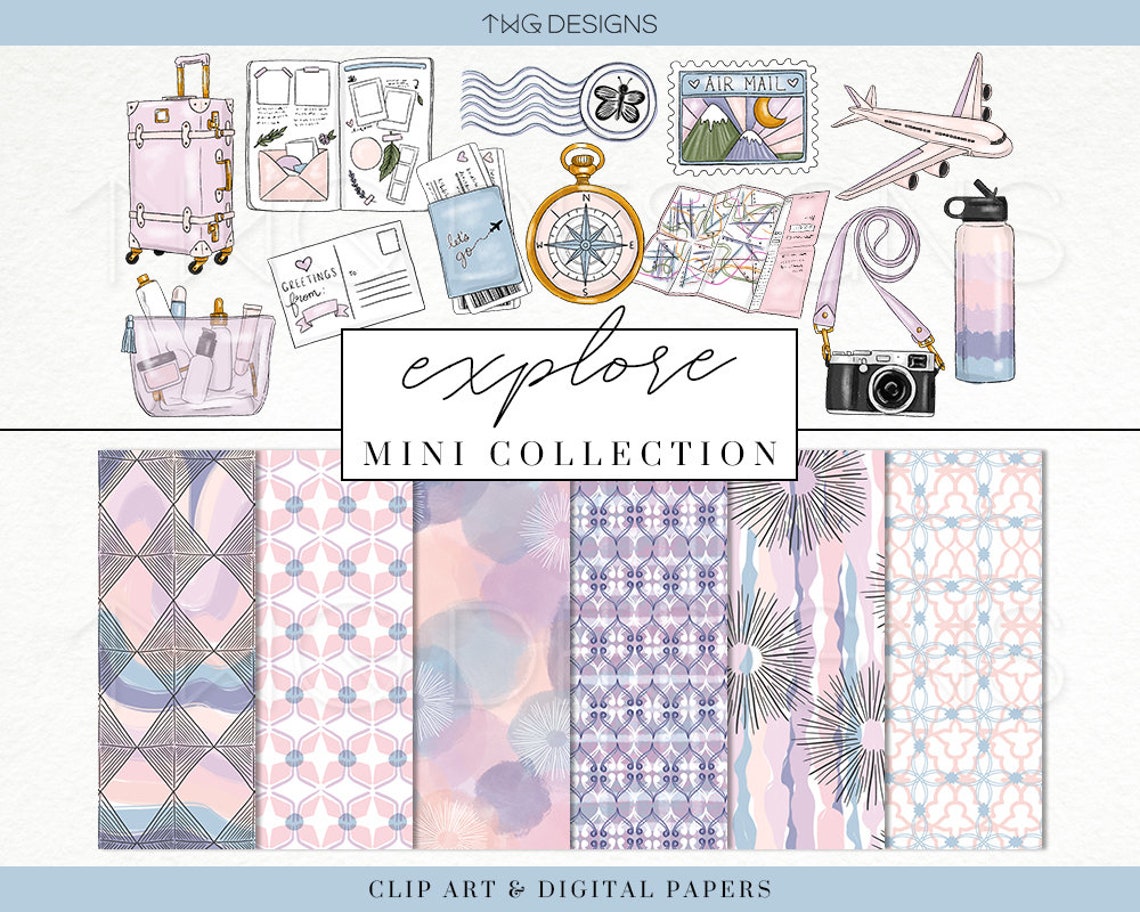 Travel Clip Art & Digital Paper Collection Bundle Watercolor - Etsy