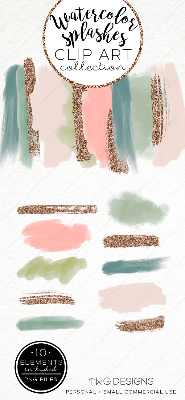Watercolor Paint Stroke Clip Art / Clipart Green Pink Gold - Etsy