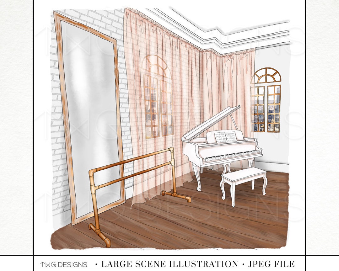 Ballet Dance Studio Scene Art Print Illustration Digital Piano Barre ...