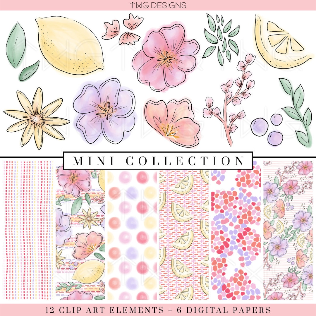 Flowers Lemons Clip Art & Digital Paper Collection Bundle Watercolor ...