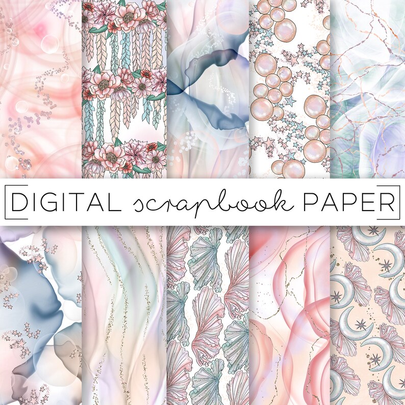 Blue Mint Pink Painterly Print Digital Scrapbook Paper | Etsy