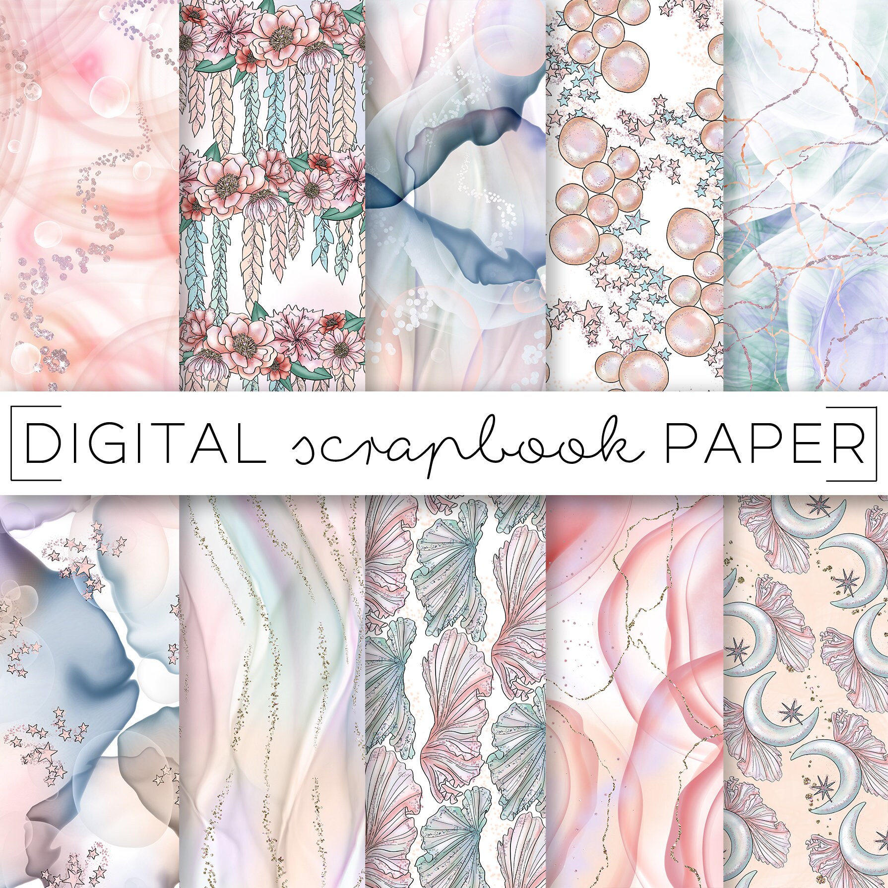 Blue Mint Pink Painterly Print Digital Scrapbook Paper | Etsy