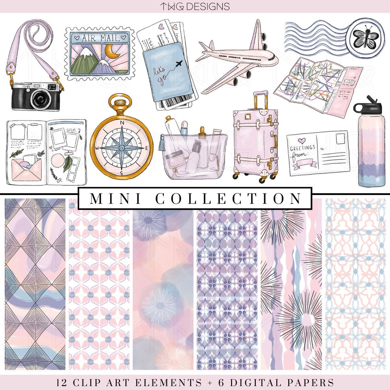 Travel Clip Art & Digital Paper Collection Bundle Watercolor - Etsy
