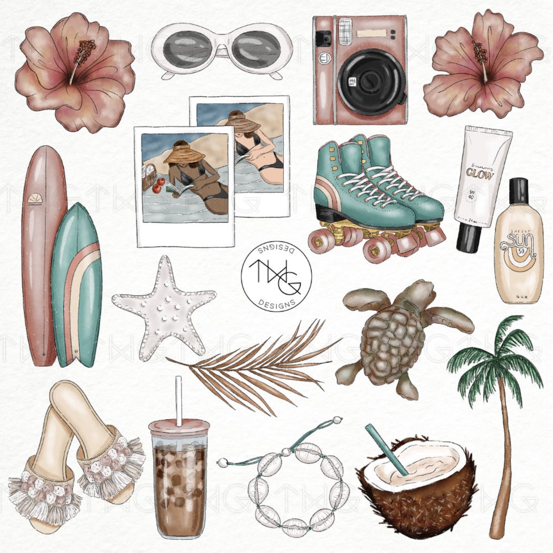 Tropical Summer Clipart: Surfing, Beach, and Travel Icons (digital ...
