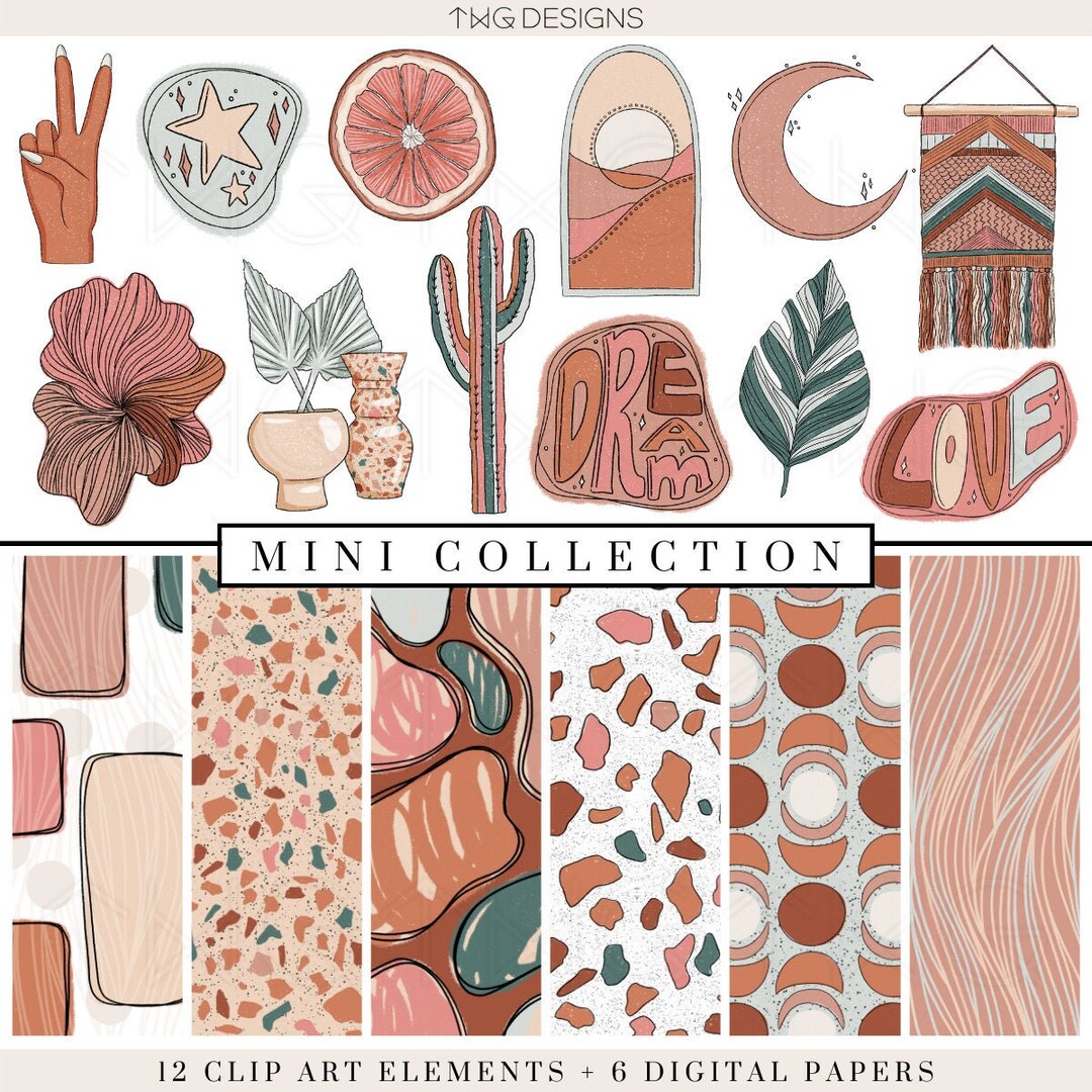 Modern Boho Clip Art & Digital Paper Collection Hand Drawn ...
