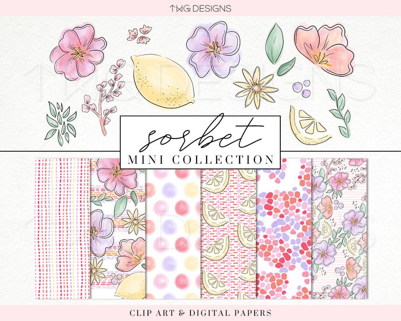 Flowers Lemons Clip Art & Digital Paper Collection Bundle | Etsy