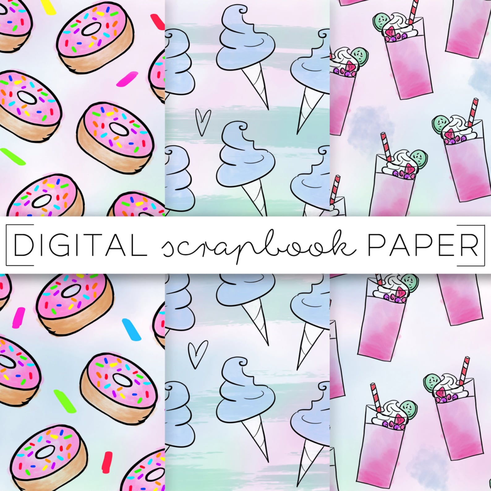 Donut Digital Scrapbook Paper Pattern Stationary Watercolor | Etsy