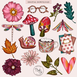 Mushrooms and Dragonflies Illustrated Clipart Watercolor Clipart Icons ...