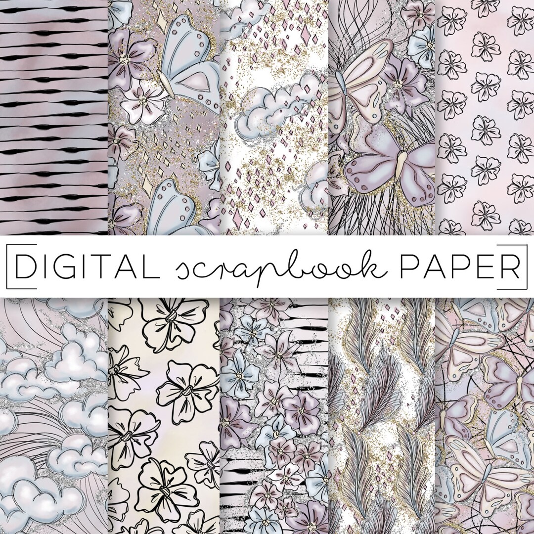 Watercolor Butterfly Digital Scrapbook Paper: Glitter Floral Patterns ...