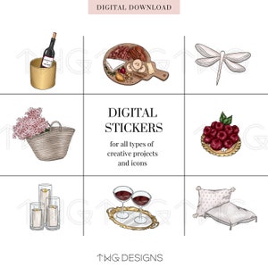Spring Picnic Clipart: Illustrated Stickers, Coffee, Wine (digital ...