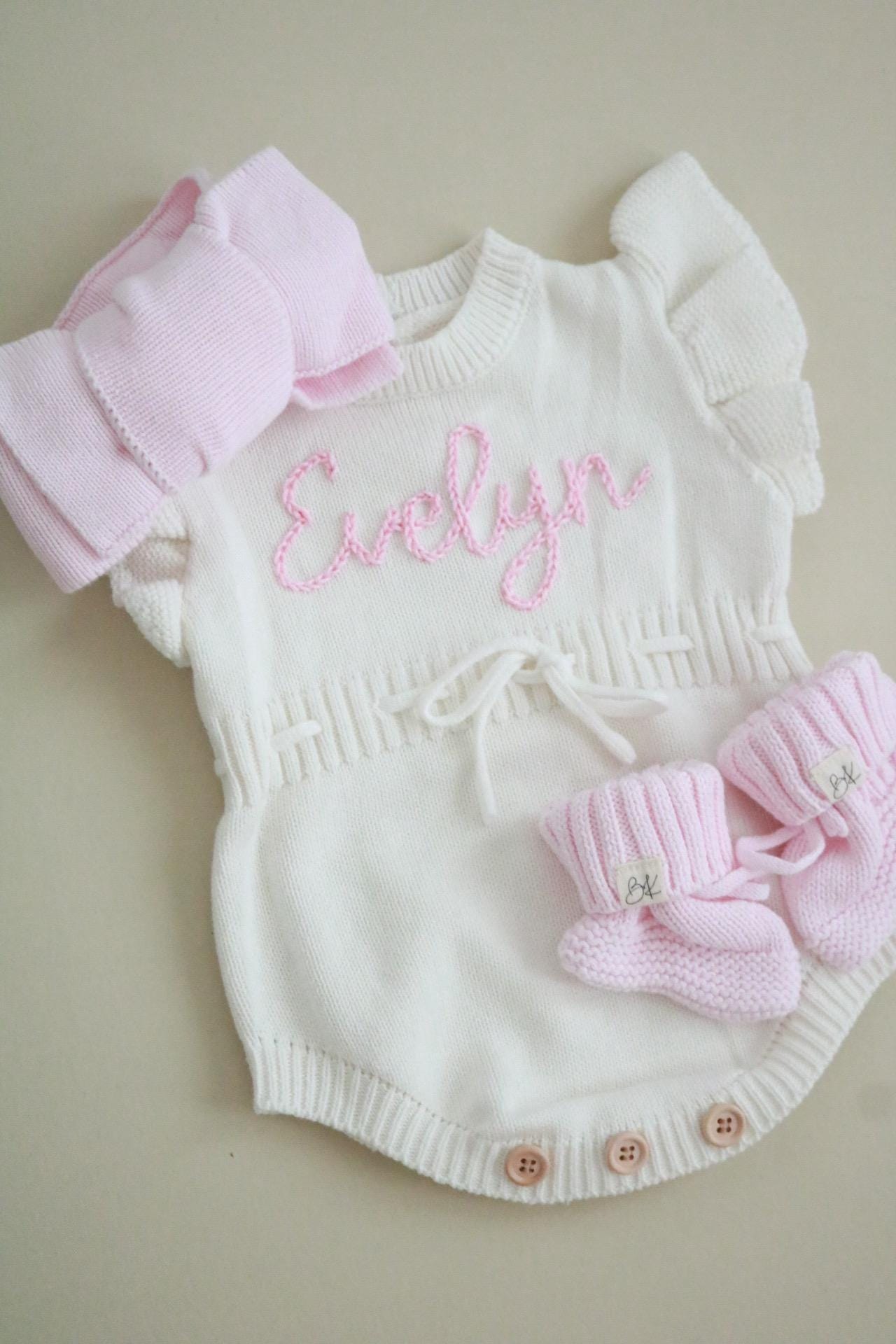 PERSONALIZED Hand Embroidered Romper Baby Announcement Romper Newborn ...