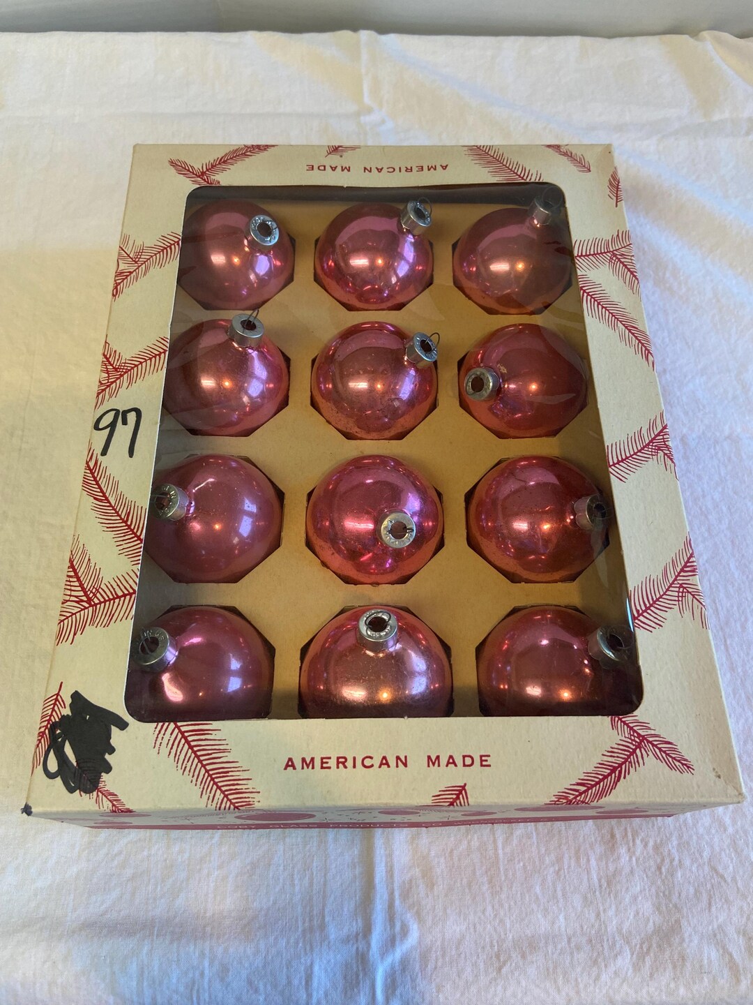Vintage Coby Glass Products Co Box With 12 Pink Glass Tree Ornaments ...