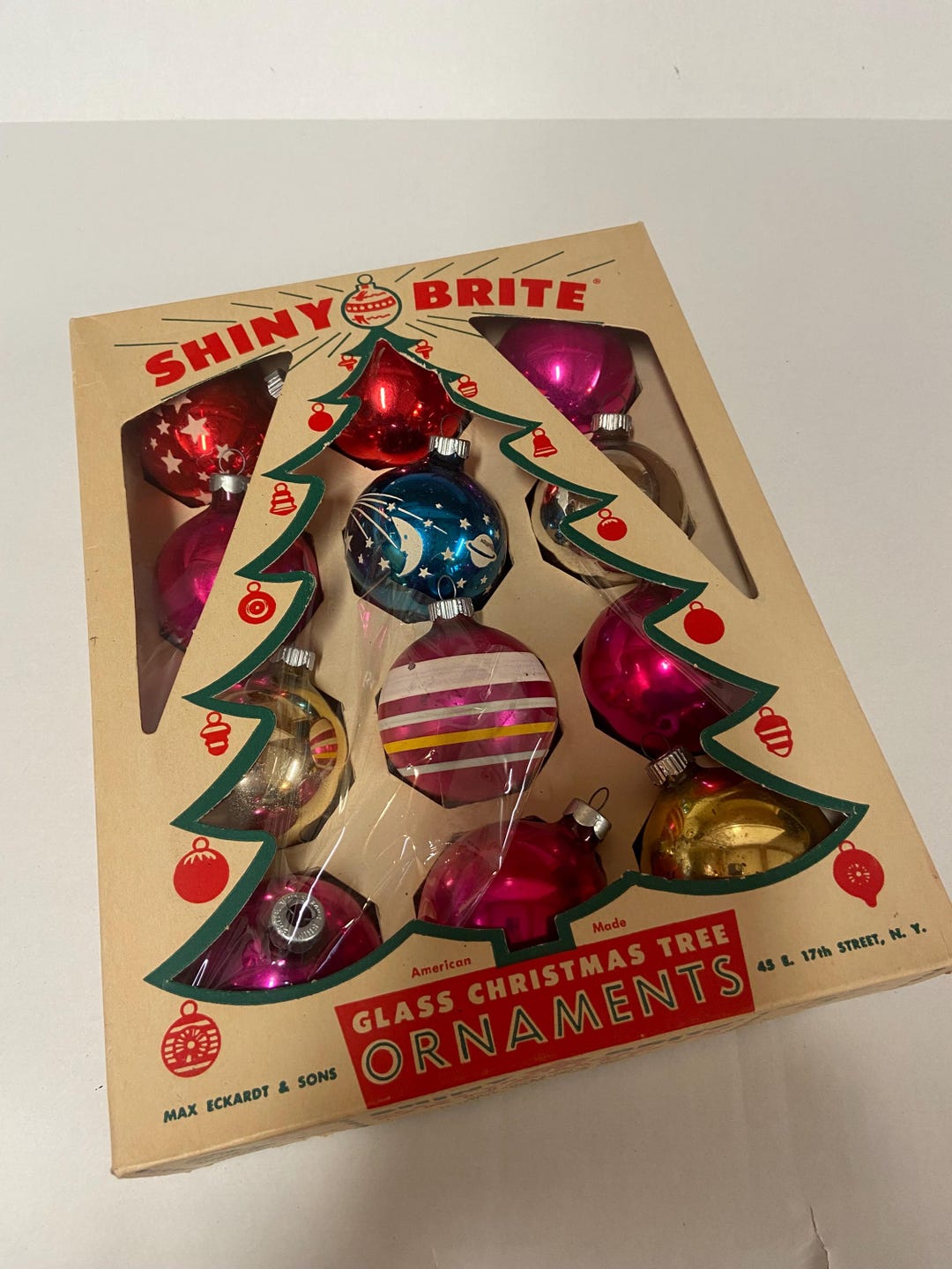 Vintage Shiny Brite Christmas Tree Ornament Box With 12 Glass Ornaments ...