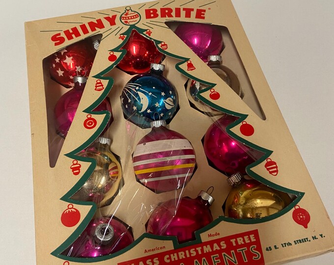 Vintage Shiny Brite Christmas Tree Ornament Box With 12 Glass Ornaments ...