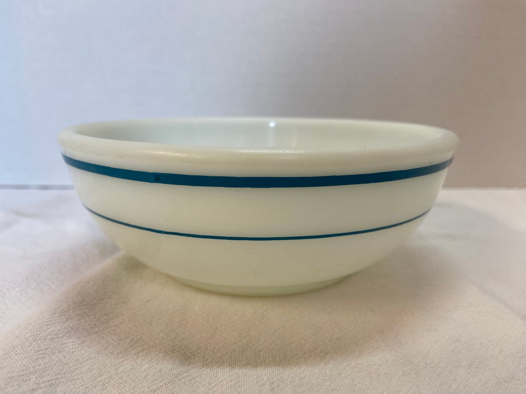 Pyrex Milk Glass Soup Cereal Bowl With Thick and Thin Teal Stripe ...