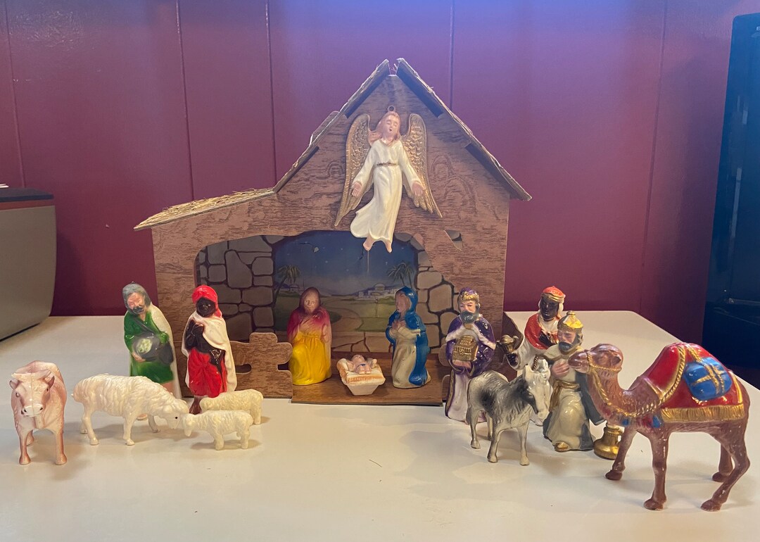 Nativity Scene 15 Plastic Pieces 1 Cardboard Nativity Christmas Jesus ...