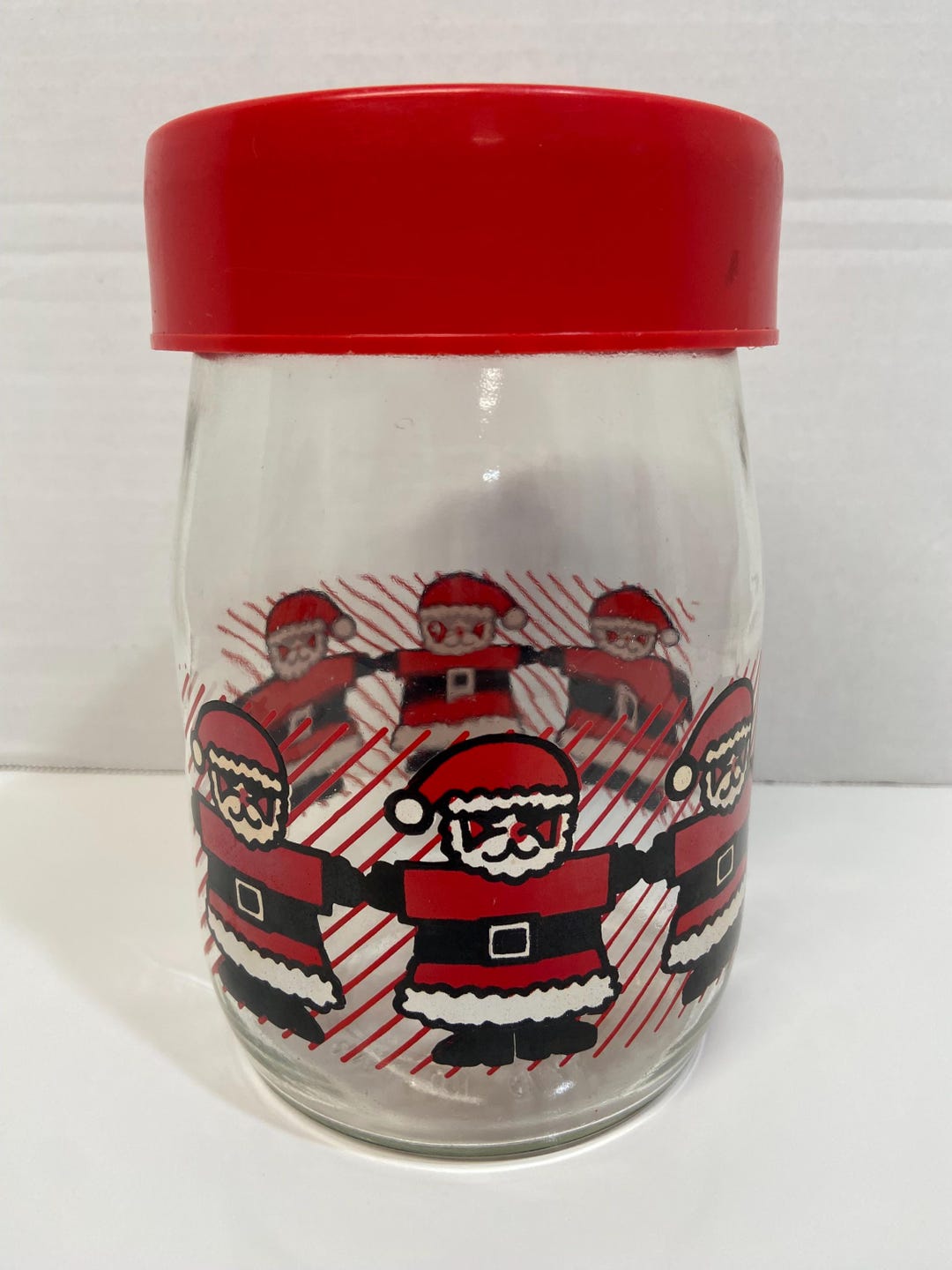 Vintage Glass Canister With Santa Figurines Painted on It Carlton Glass ...
