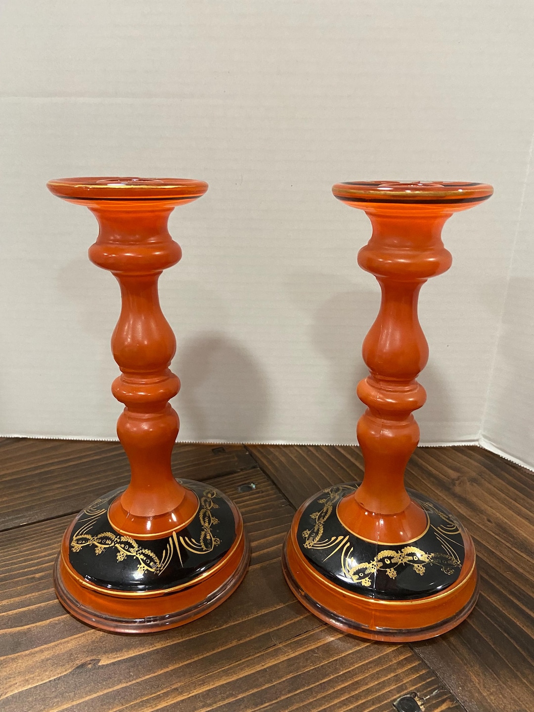 Vintage Glass Orange and Black Candlestick Holders With Gold Accents - Etsy