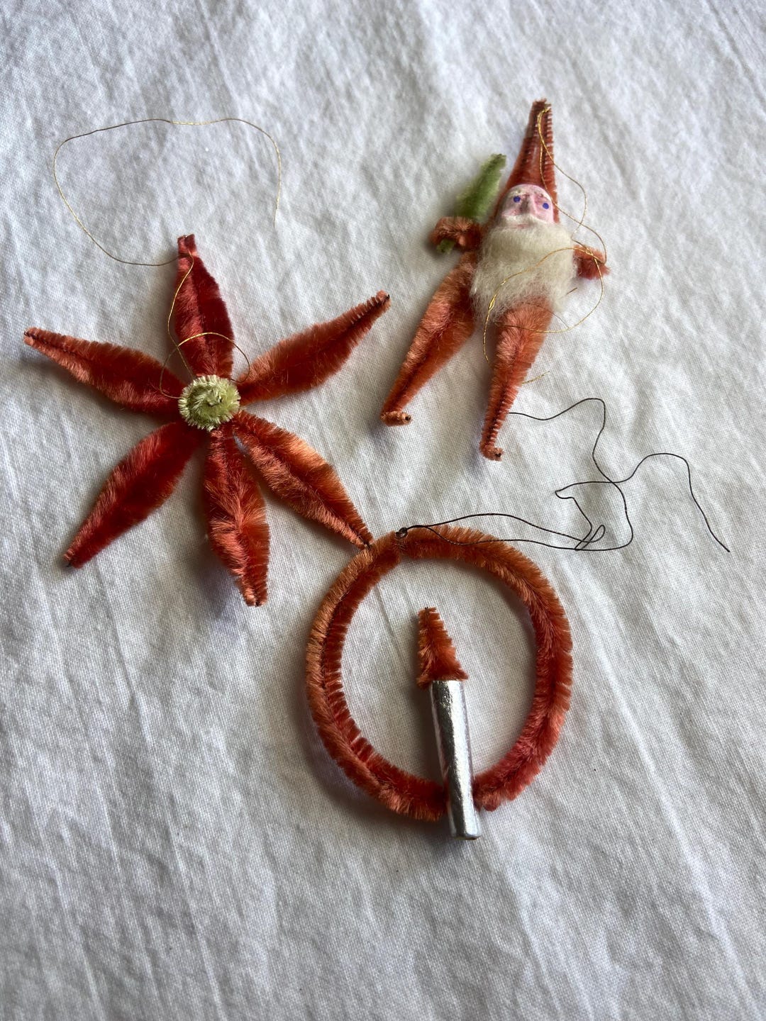 Vintage Set of Three Chenille Pipe Cleaner Christmas Holiday Ornaments ...