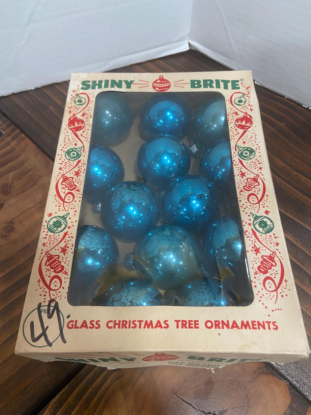 Vintage Original Shiny Brite ® Box With 13 Small Blue Glass Ornaments ...