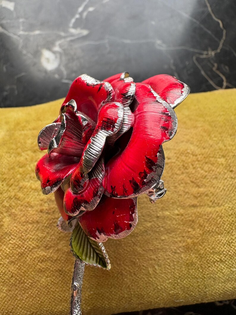 Vintage Red Metal Flower Brooch Pin - Silver Tone Metal - Etsy