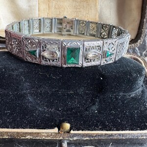 Old Vintage Antique JHP Filigree Panel Link Green and Clear Glass Stone ...