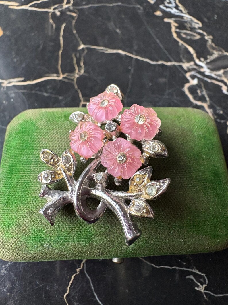 Vintage Semi Transparent Pink Flower Small Pin Brooch With Clear ...