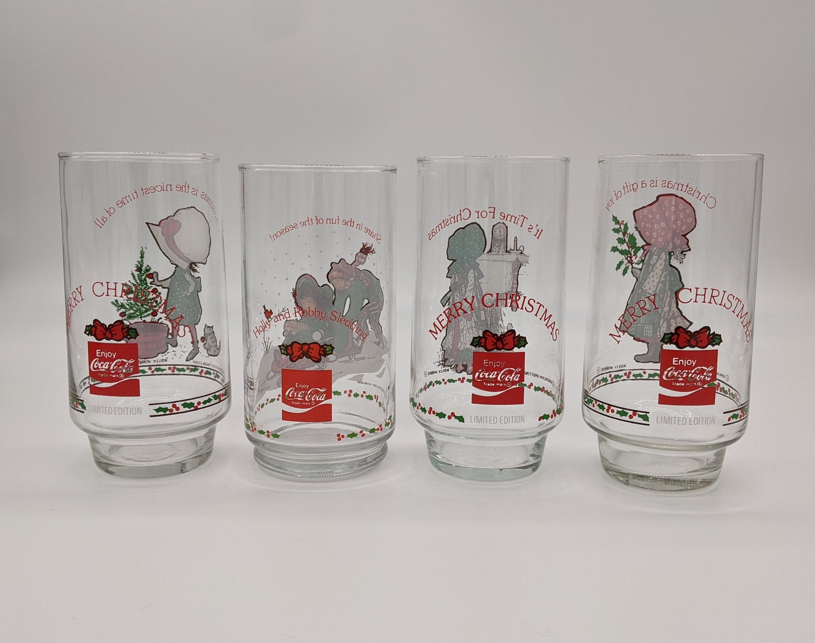 Vintage Coca Cola Holly Hobbie Four Different Beverage Glasses