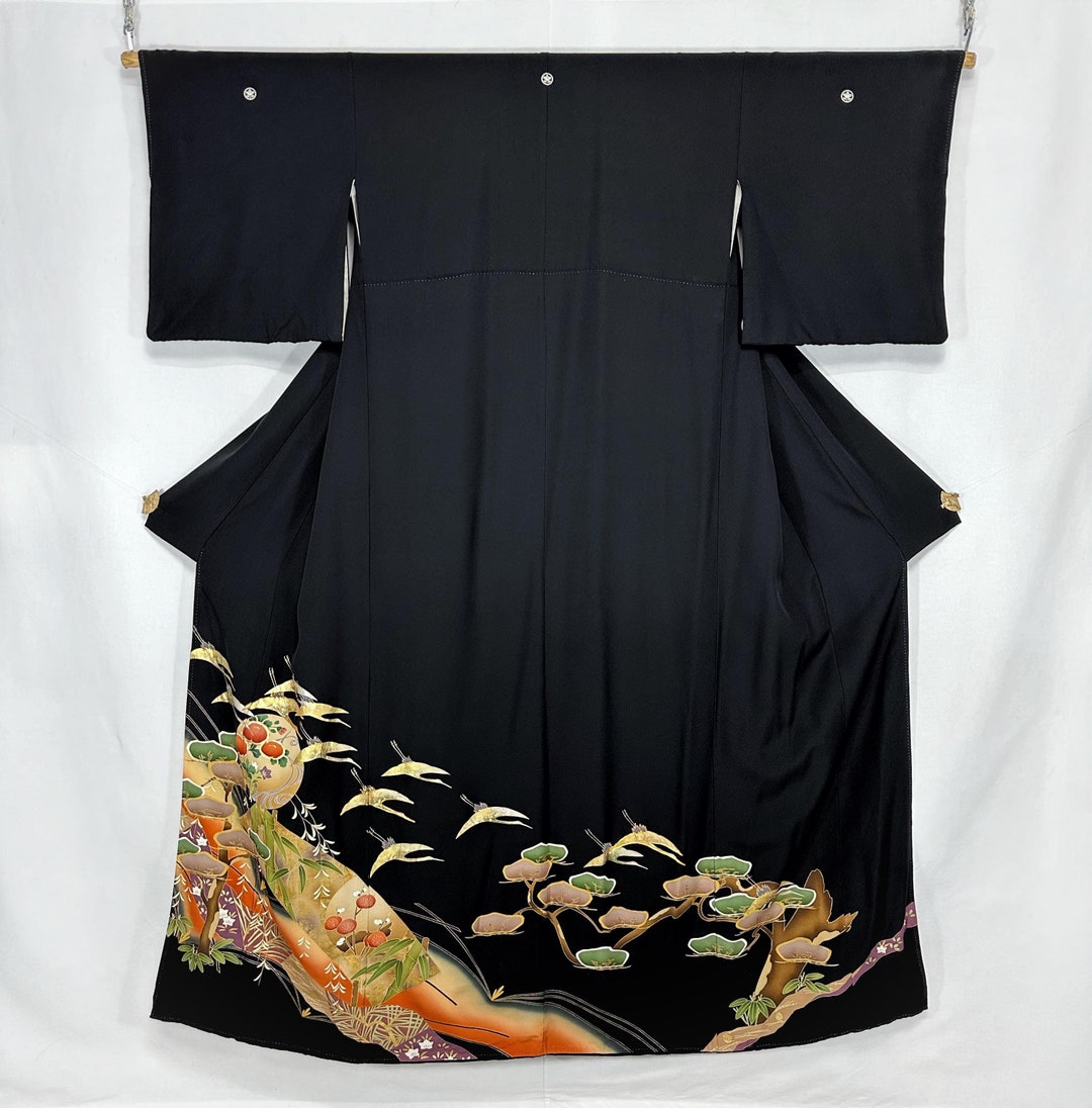 Vintage Japanese Tomesode Kimono Flying Crane Womens Gold Chirimen Silk ...