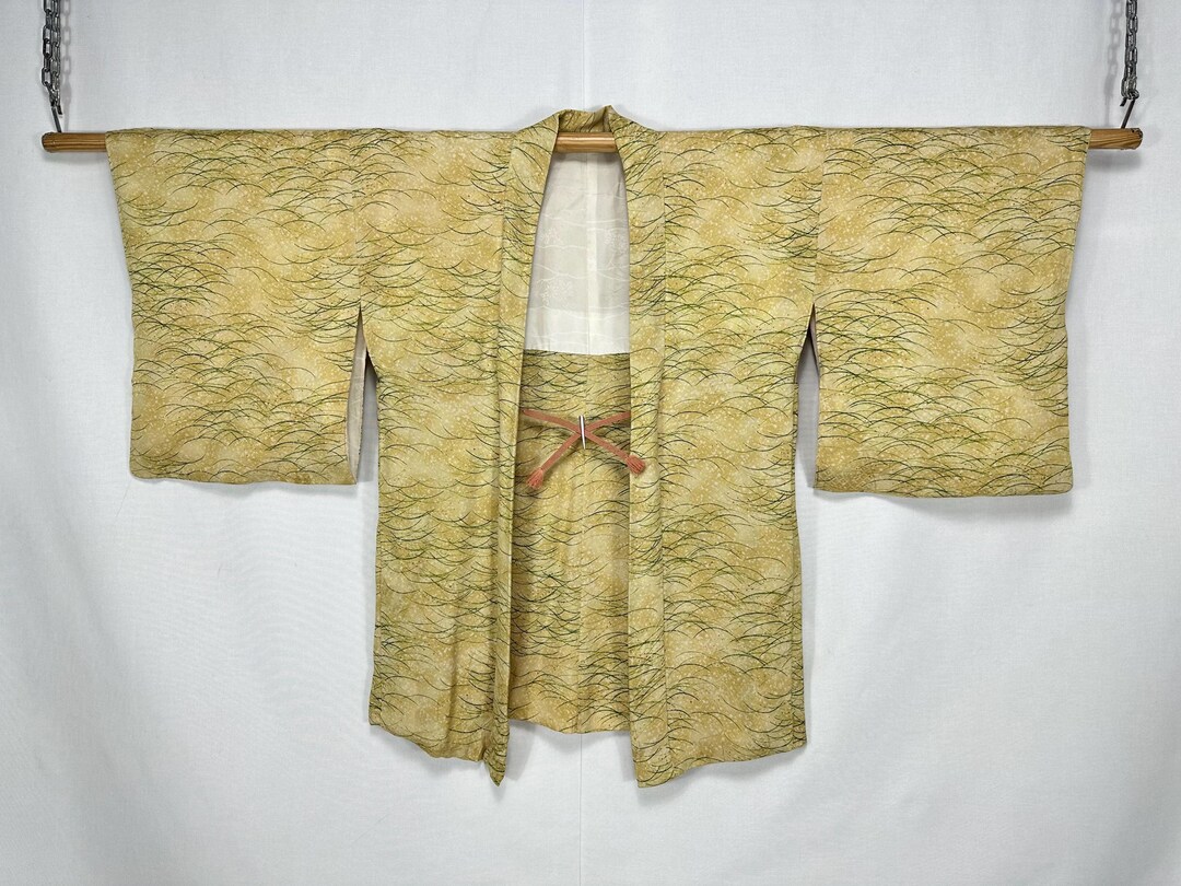 Vintage Japanese Haori Kimono Womens Yellow Green Rinzu Super Fine Soft ...