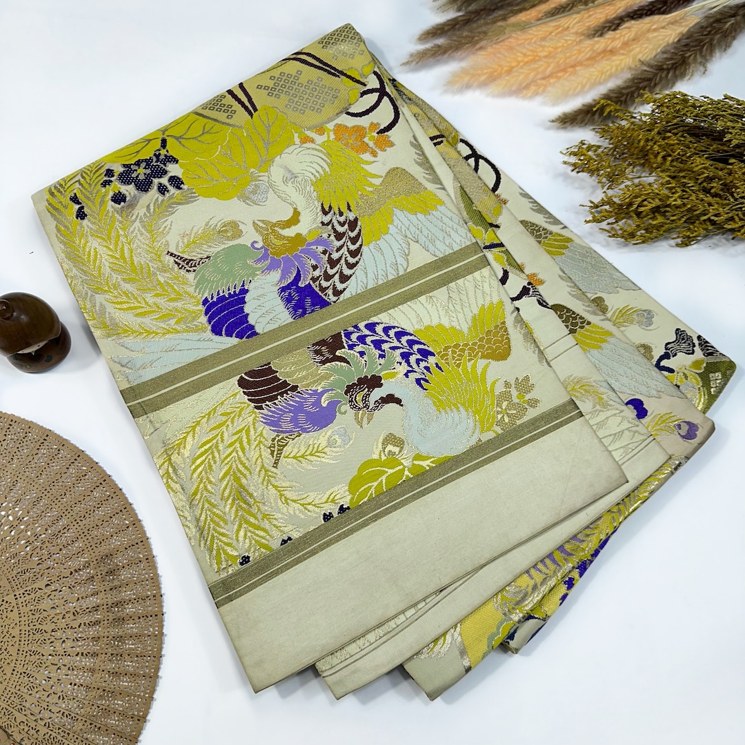 Japanese Maru Obi Flower Paulownia Tree Peacock Bird Gold Beige Purple ...