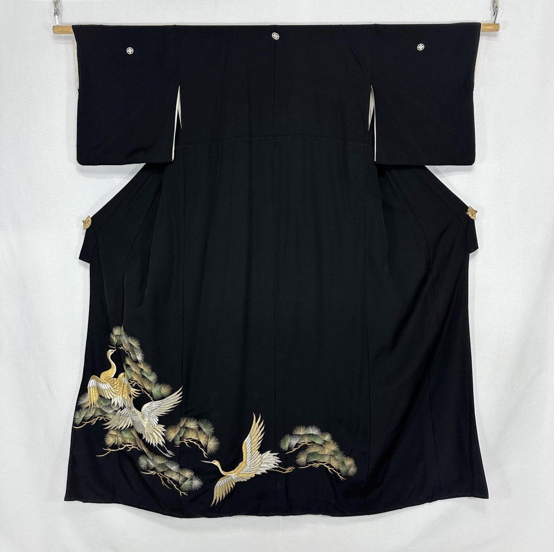 Vintage Japanese Tomesode Kimono Flying Crane Womens Chirimen Silk ...