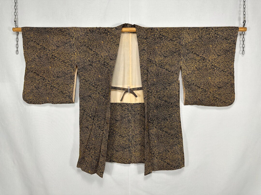 Vintage Japanese Haori Kimono Womens Yellow Black Super Fine Soft Silk ...