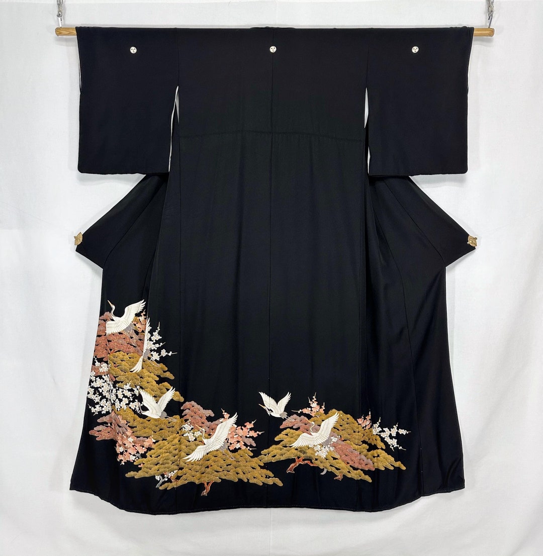 Vintage Japanese Tomesode Kimono Flying Crane Womens Chirmen Silk ...