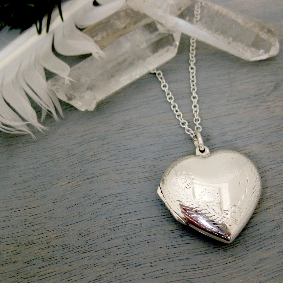 Large Engraved Heart Locket in Sterling Silver, Vintage Look Hinged ...