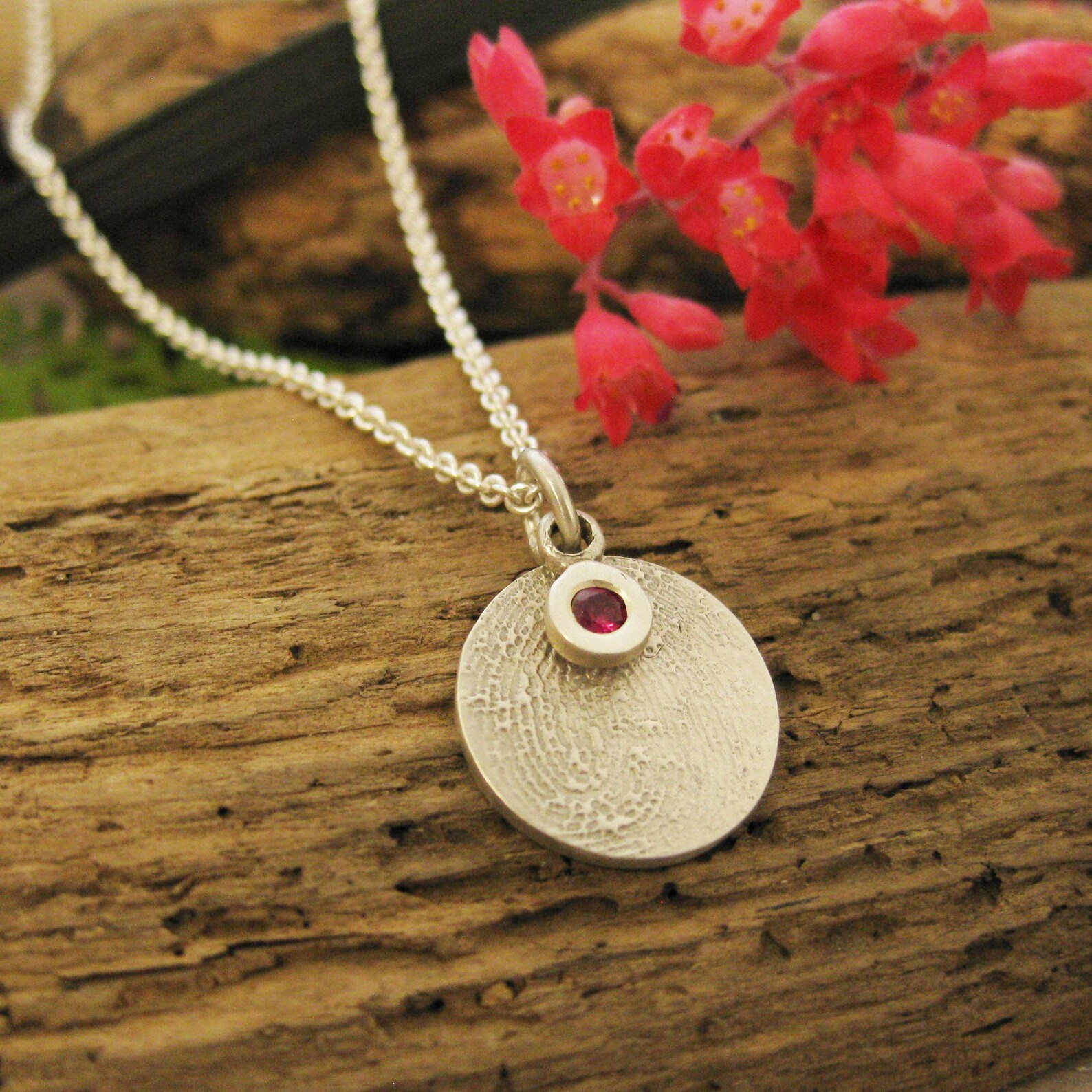 Sterling Silver Circle Fingerprint Pendant With Gemstone - Etsy