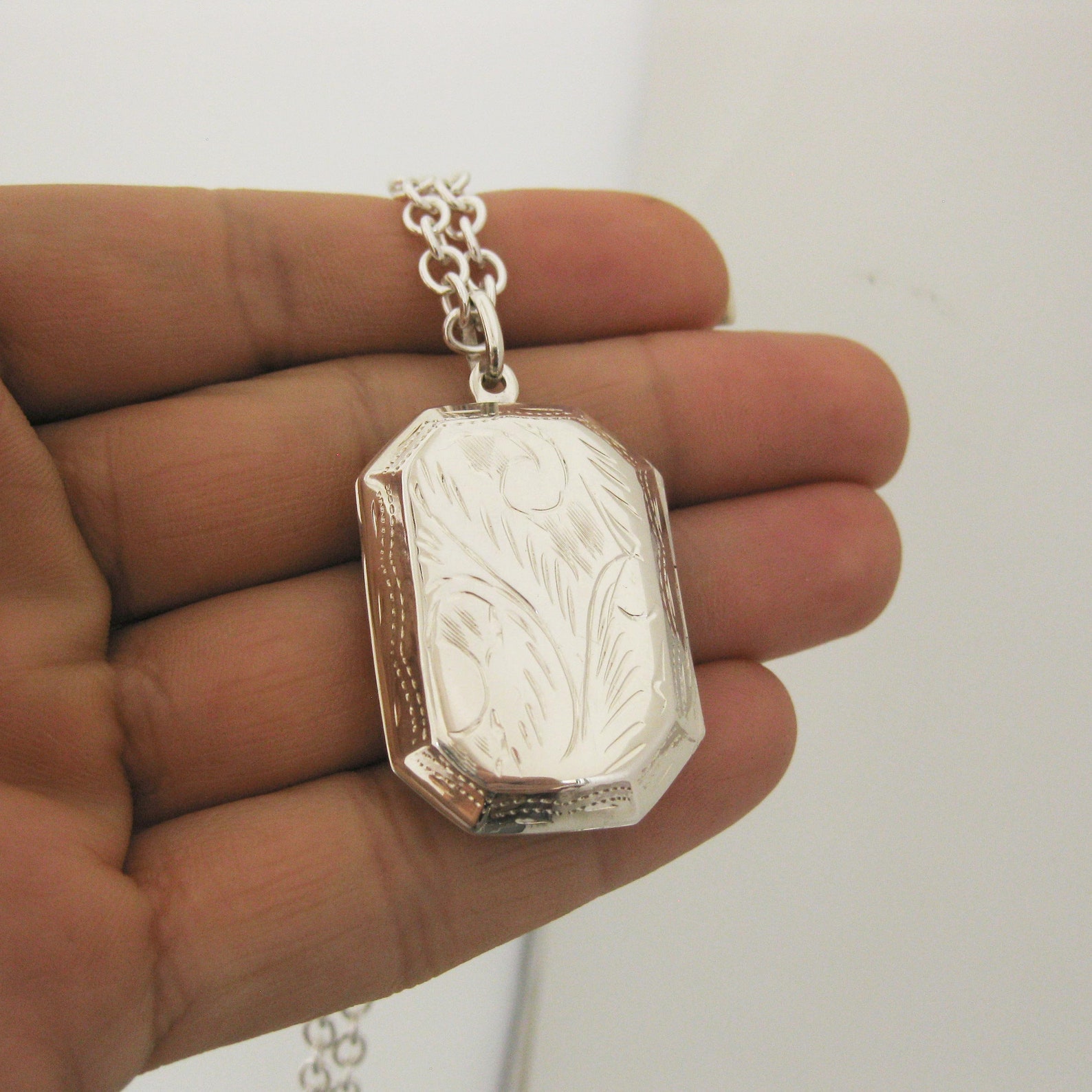 Large Engraved Rectangle Locket in Sterling Silver Vintage - Etsy