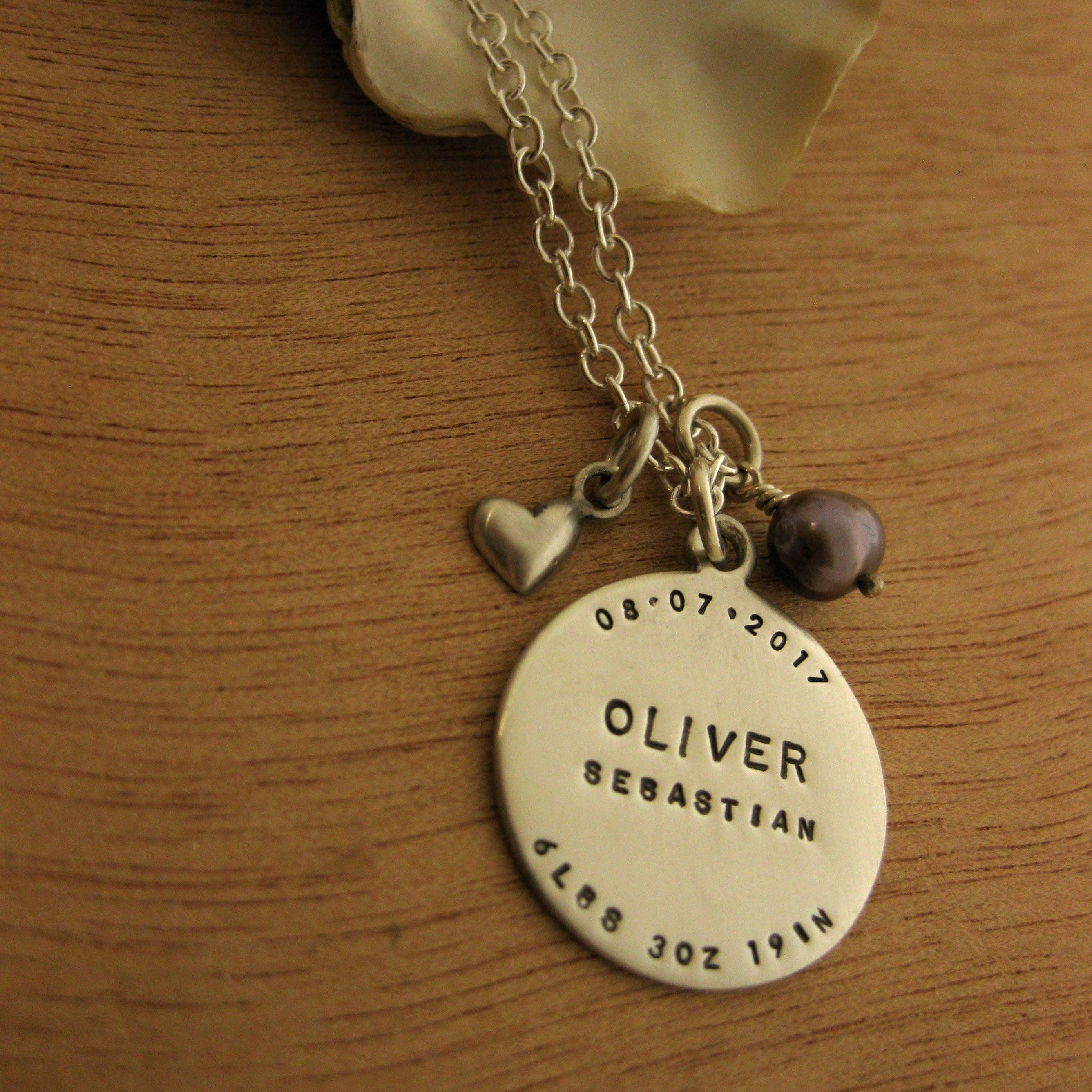 Stamped Birth Announcement Personalized Large Circle Silver Pendant ...