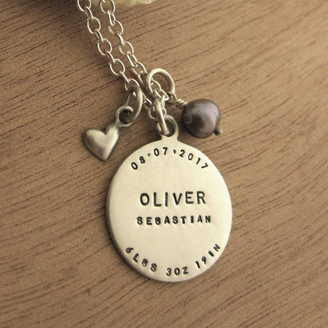 Stamped Birth Announcement Personalized Large Circle Silver Pendant ...