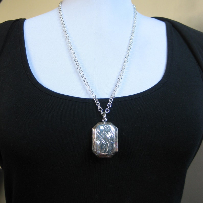 Large Engraved Rectangle Locket in Sterling Silver Vintage - Etsy