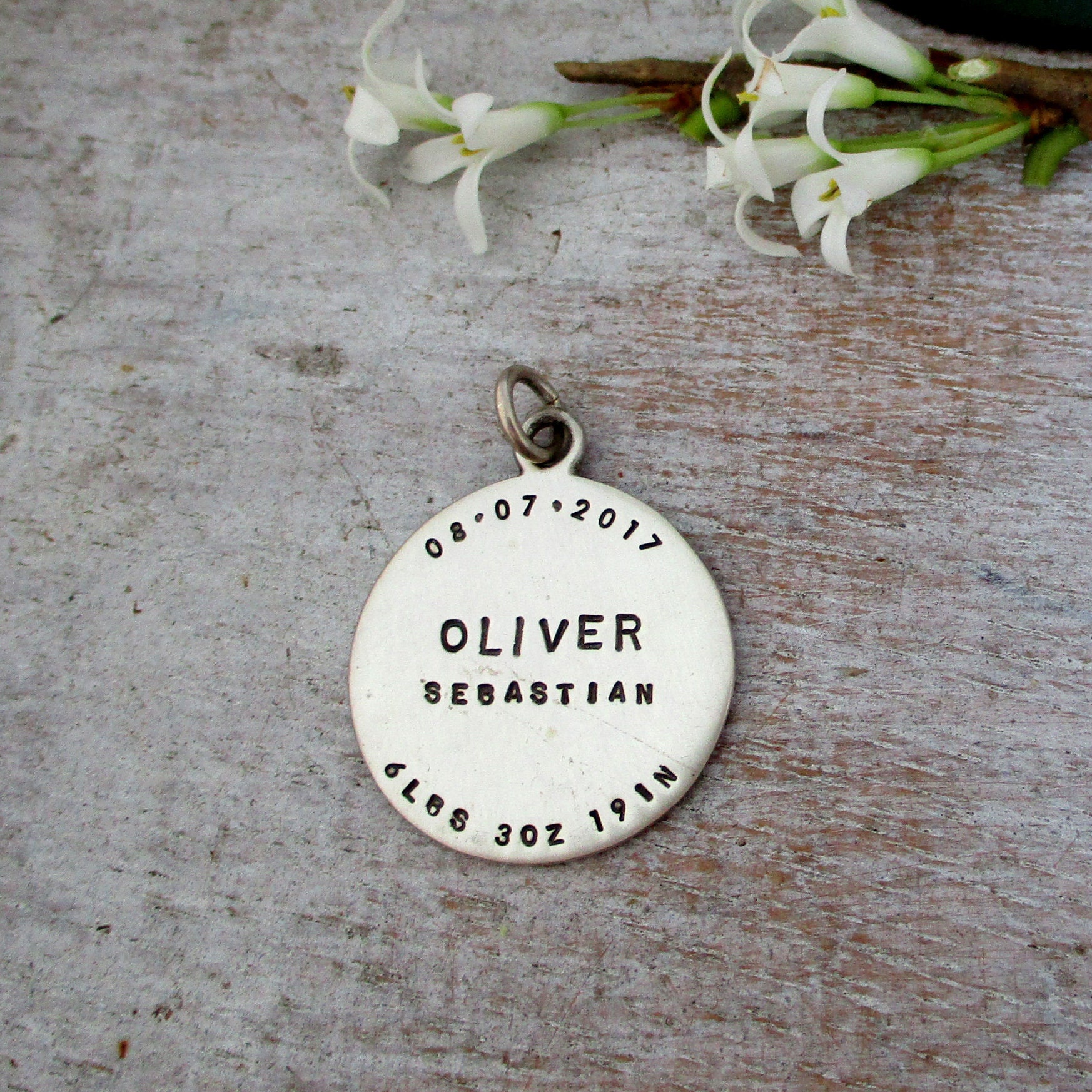 Stamped Birth Announcement Personalized Large Circle Silver Pendant ...