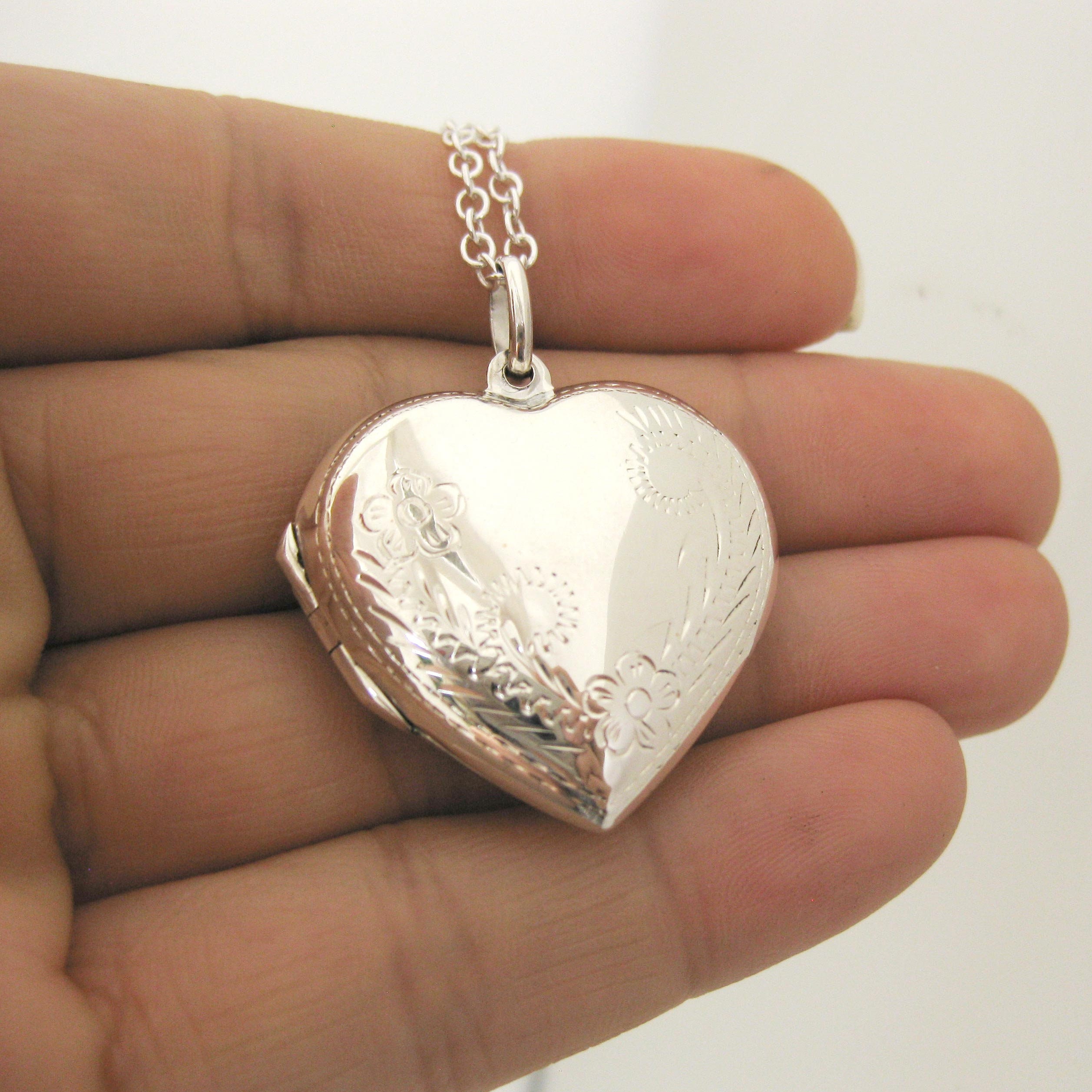 Large Engraved Heart Locket in Sterling Silver Vintage Look | Etsy