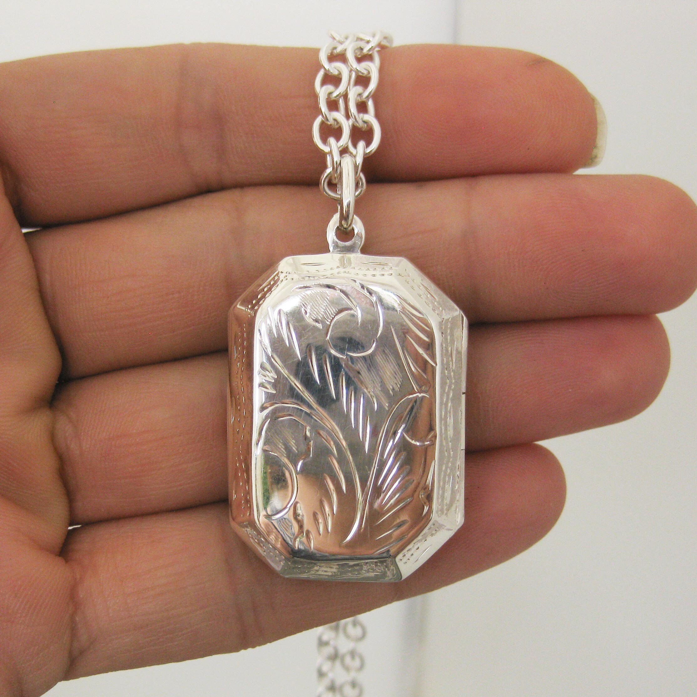Large Engraved Rectangle Locket in Sterling Silver Vintage - Etsy