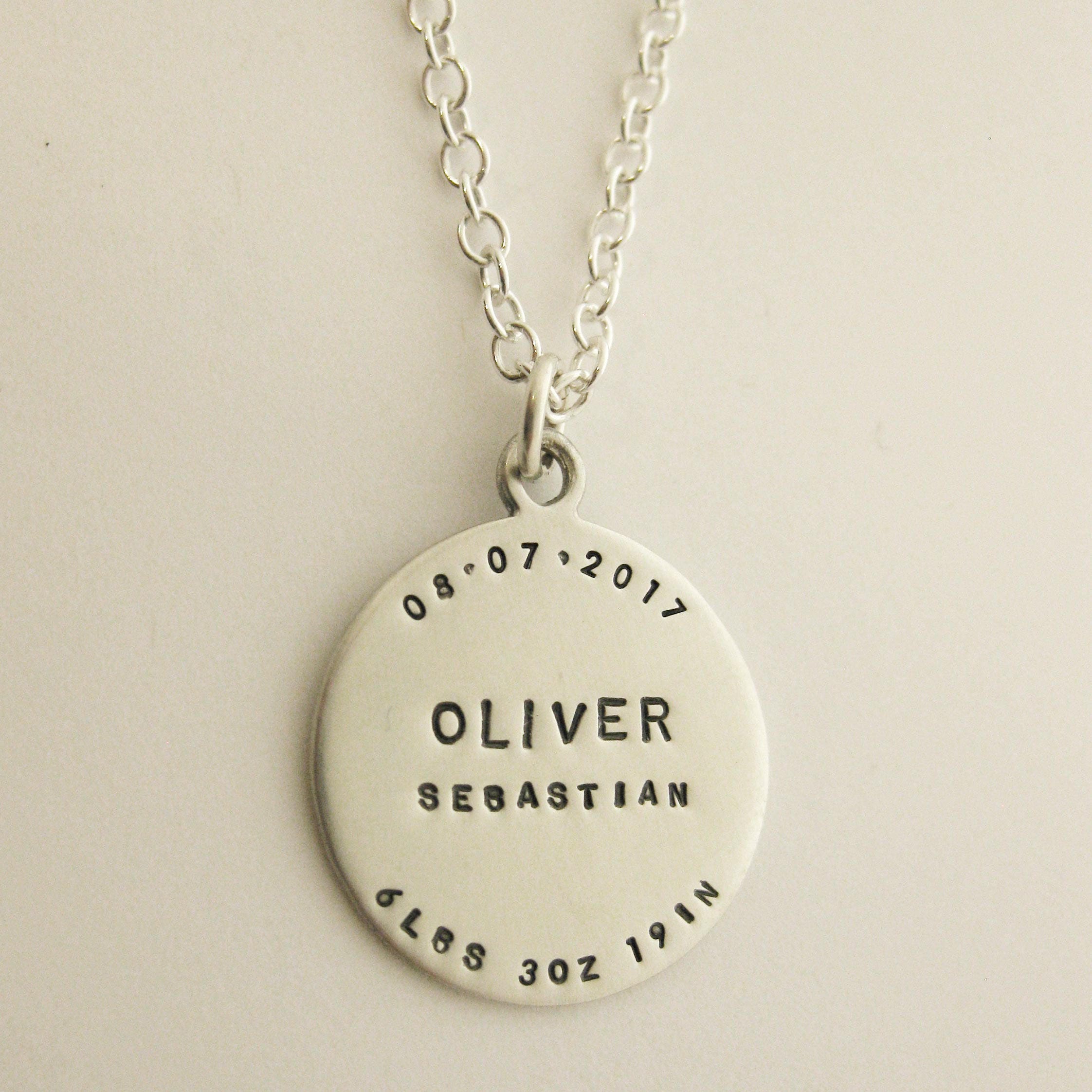 Stamped Birth Announcement Personalized Large Circle Silver Pendant ...
